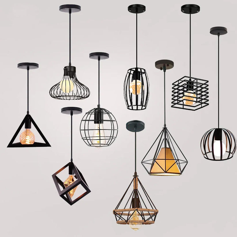 Modern Nordic Geometric Iron Cage LED Ceiling Light Pendants Lamps Cla ...
