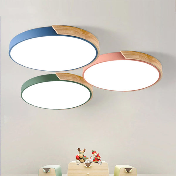 Modern Colorful Flat Round LED Ceiling Lights Nordic Wood Style Lighti ...
